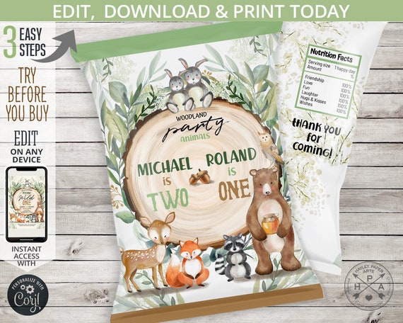 Woodland joint party chips bag, party animals forest boy siblings ...