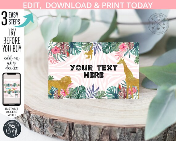 Jungle food labels safari animals wild one place tent cards escort card ...