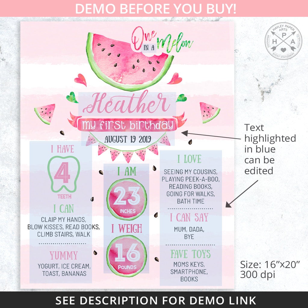 EDITABLE Watermelon Milestone Stats 1st Birthday Board. First One in a ...