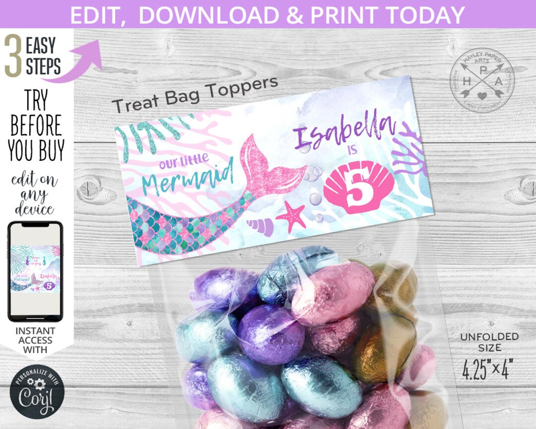 Mermaid Treat Bag Topper Label Under the Sea Mermaids Treats Candy ...