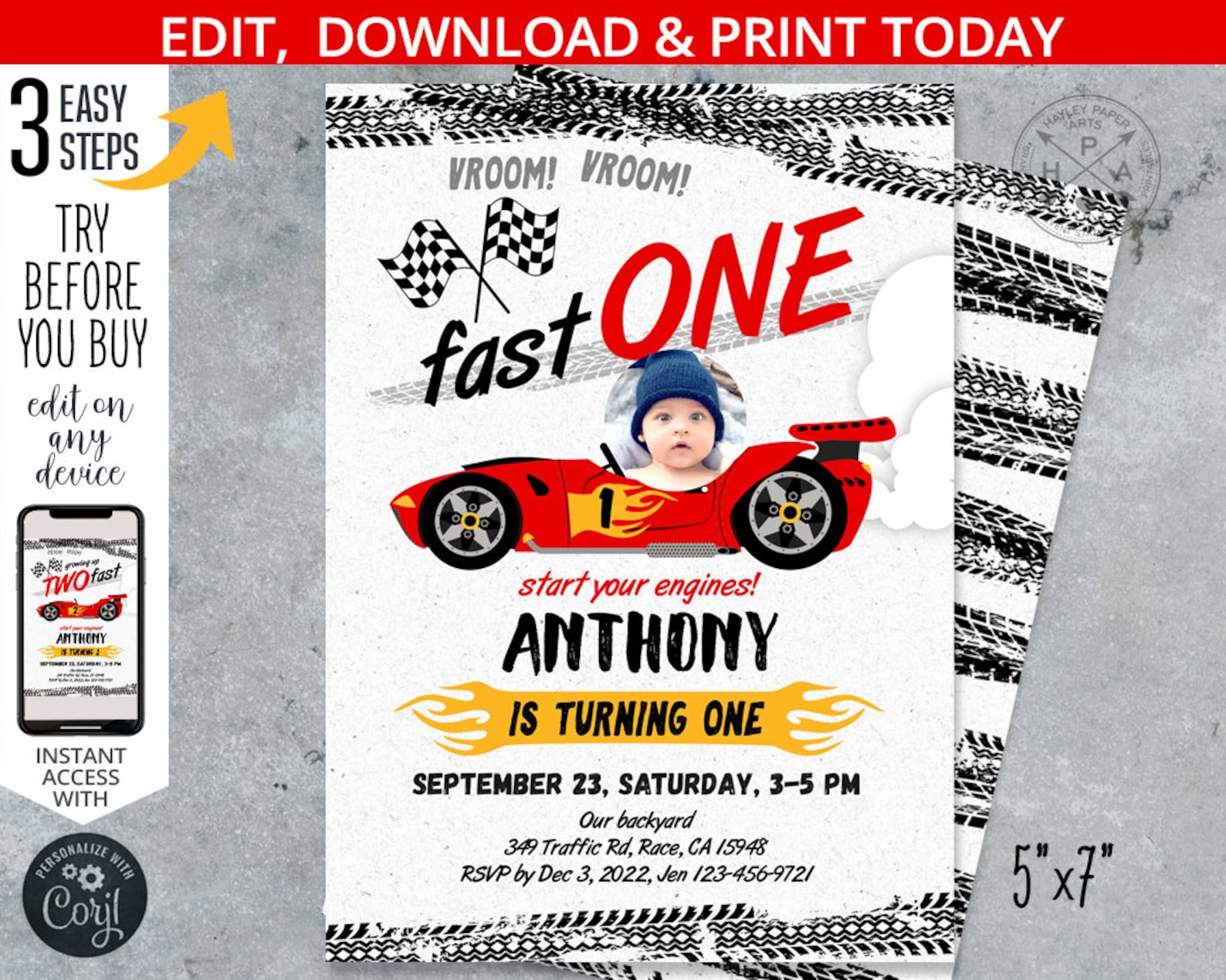 Fast ONE Race Car Birthday Invitation First 1st Birthday - Etsy
