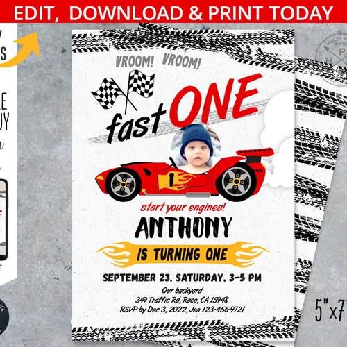 Fast ONE Race Car Birthday Invitation First 1st Birthday - Etsy