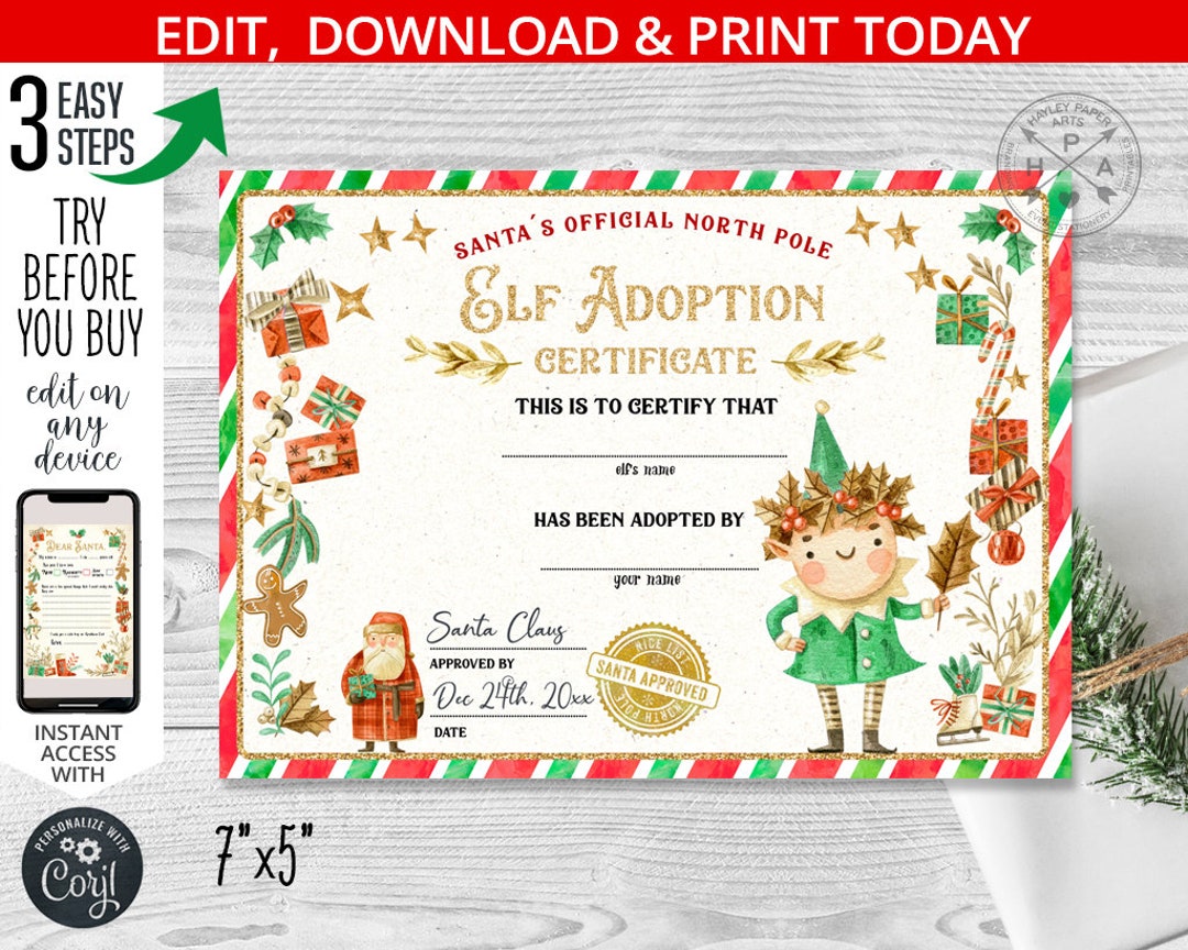 Elf Adoption Certificate. Adopt Your Elf Letter. Christmas Elves Card ...