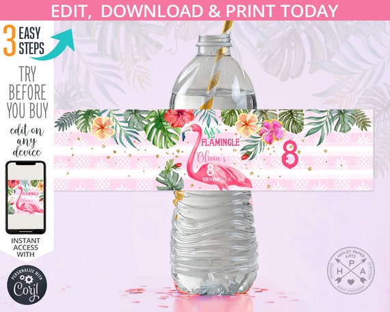 Flamingo water bottle label birthday tropical pineapple pink let's ...