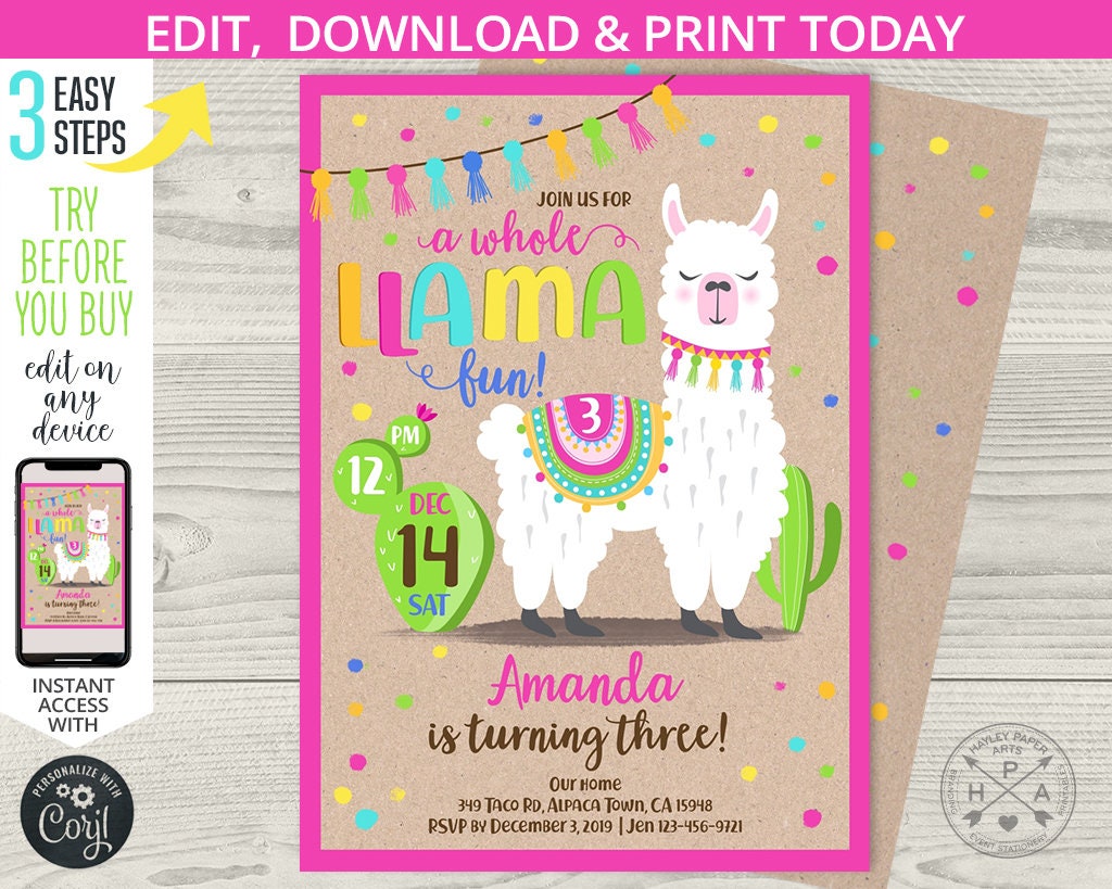 Llama Birthday Bright Invitation Whole Llama Fun Party Fiesta Invite ...