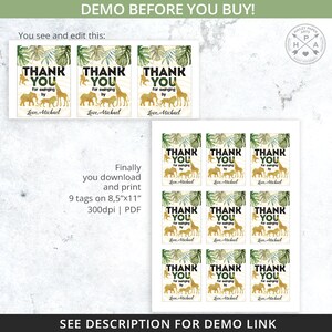 EDITABLE Jungle Gift Thank You Favor Tag Wild One Tags Gold Animals ...