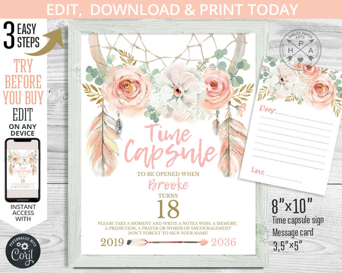 EDITABLE Time Capsule Blush Pink Dreamcatcher Baby Girl - Etsy