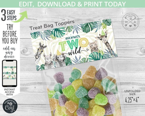 Safari jungle two wild treat bag topper label animals treats candy ...