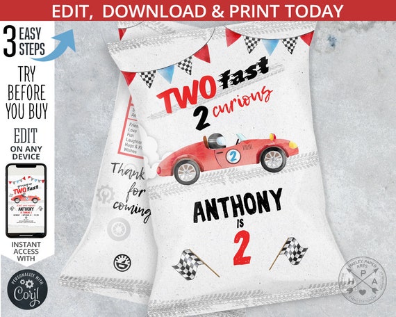 Two fast 2 curious vintage race car birthday chips bag, 2nd birthday ...