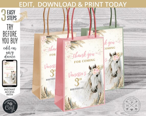 Horse cowgirl paper bag label, gift bags labels, pony pampas grass ...