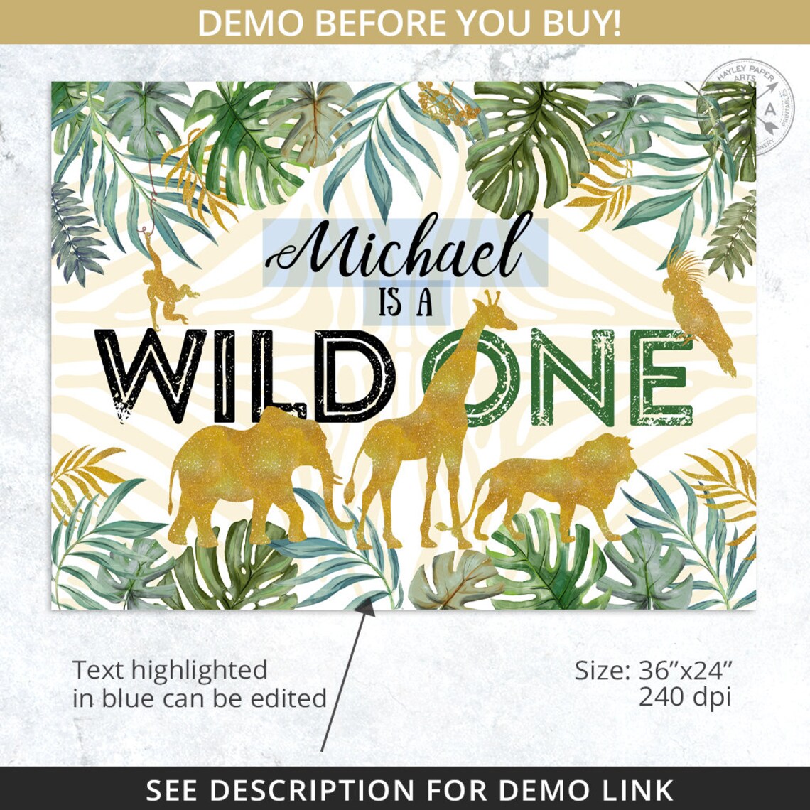 EDITABLE Jungle Wild One Table Backdrop 36x24 1st First - Etsy