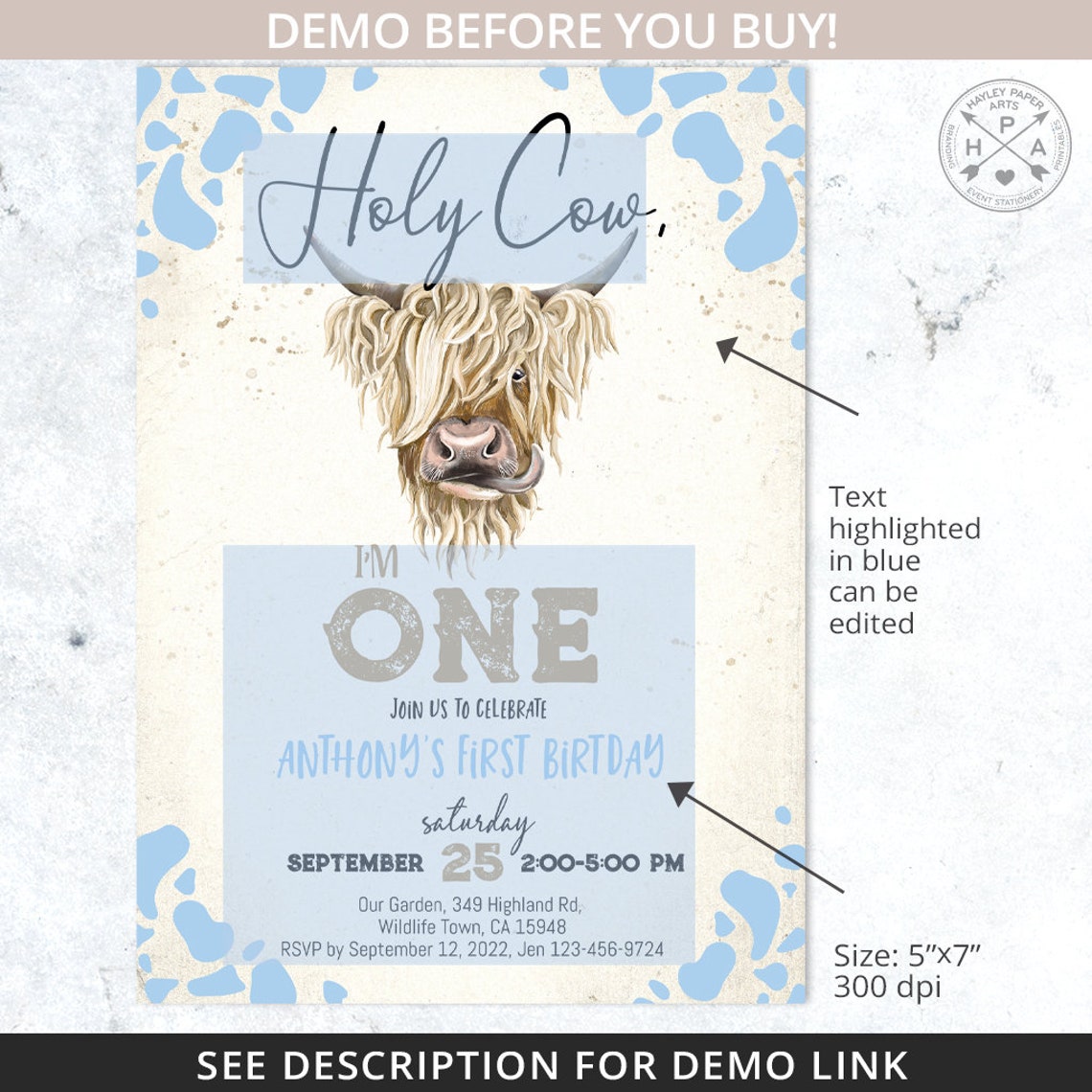 Holy Cow Birthday Invitation I'm One Highland Cow Ranch Farm Boy Blue ...