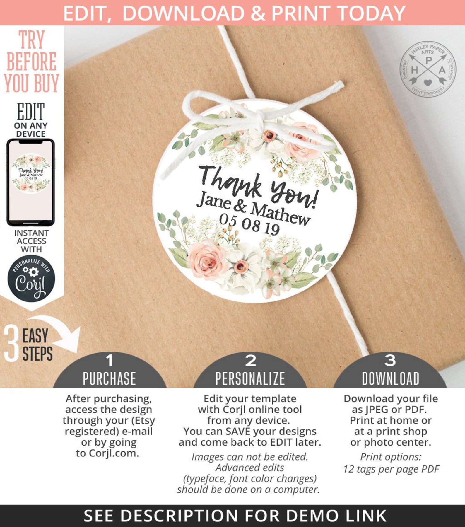 EDITABLE Floral Thank You Round 2x2 Gift Tag Anemone - Etsy