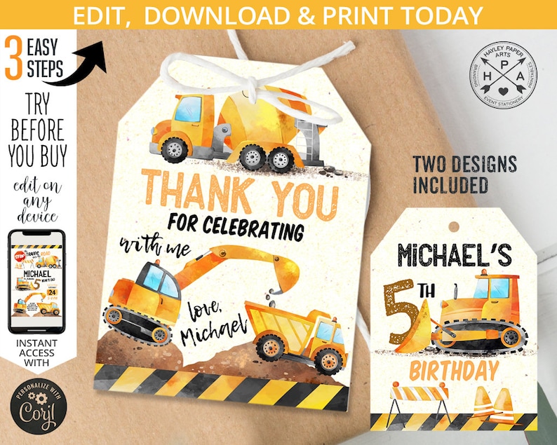 Construction Tag Favor Thank You Gift Label Birthday Favour - Etsy