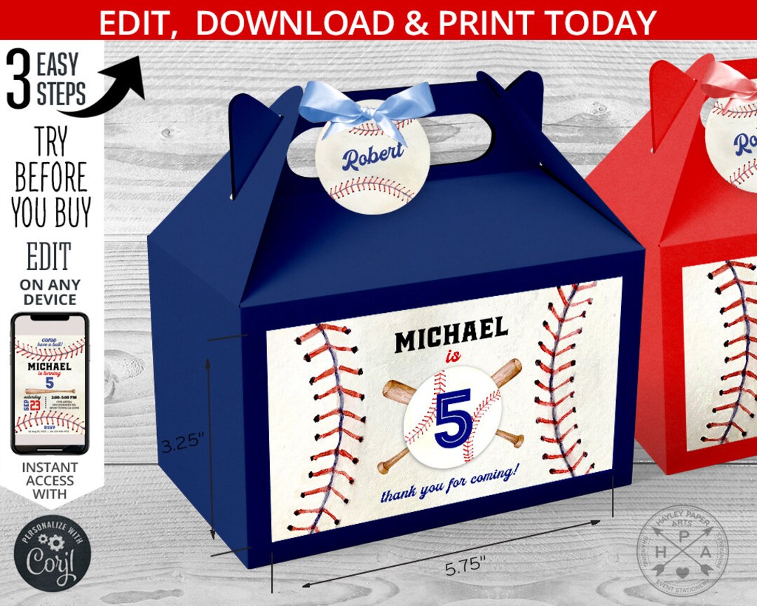 Baseball Gable Gift Box Labels. Handle Favor Takeway Box Stickers ...