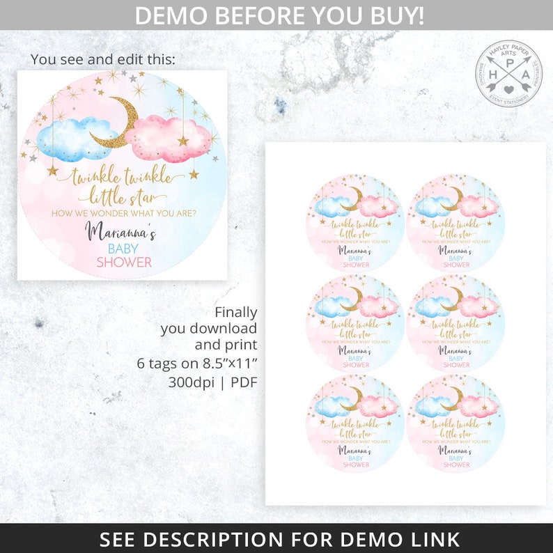 Twinkle Twinkle Little Star Tag Gender Reveal Baby Shower Favor Tag ...