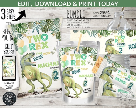 BUNDLE Dinosaur two rex chips bag, juice bags, rice krispies water ...