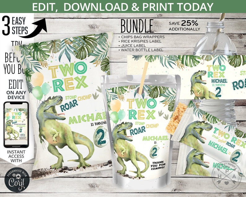 BUNDLE Dinosaur Two Rex Chips Bag, Juice Bags, Rice Krispies Water ...