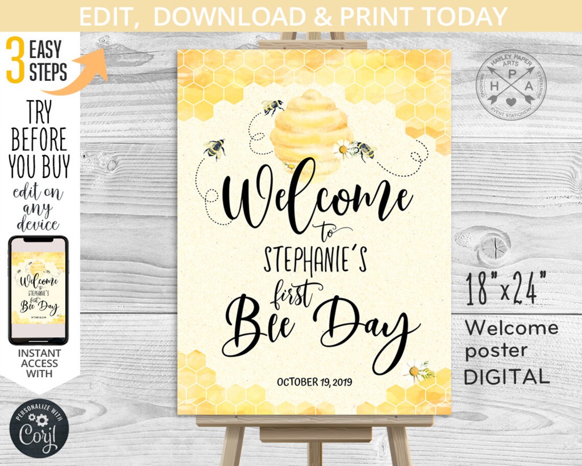 Bee Day Welcome Sign 18x24 Baby First Birthday Honey Bumble - Etsy