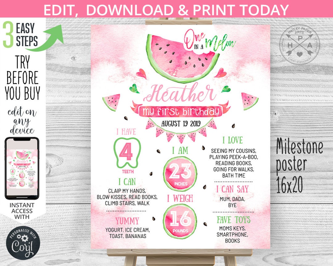 EDITABLE Watermelon Milestone Stats 1st Birthday Poster. First Melon ...