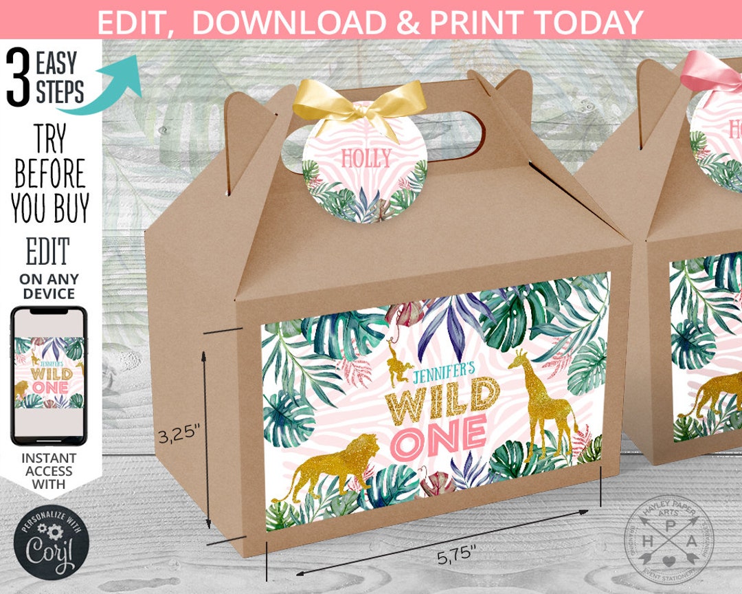 EDITABLE Jungle Gift Box Labels, Guest Name Tags. Handle Favor Takeway ...
