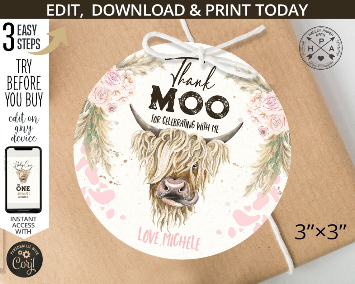 Holy Cow Thank You Tag. Highland Cow Thank Moo Circle Round - Etsy