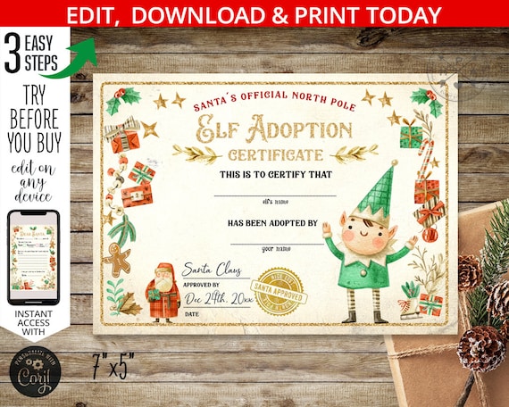 Elf adoption certificate. Adopt your elf letter. Christmas elves card ...