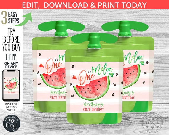 One in a melon applesauce pouch label, kid infant food bags, squeeze ...