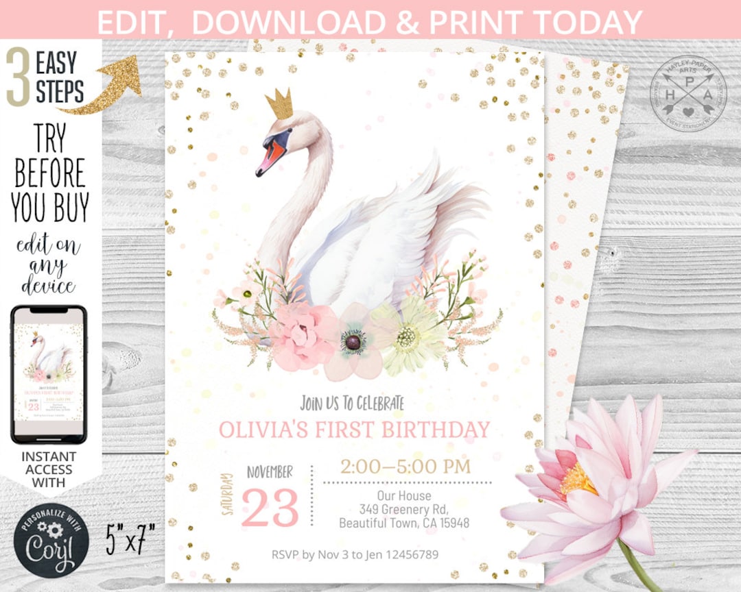 Swan First Birthday Invitation Princess ONE Crown Pink Pastel Gold ...