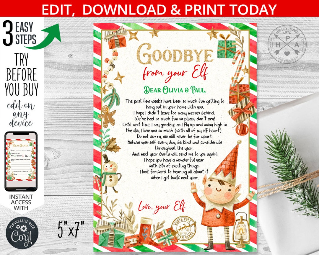 Elf Goodbye Letter. Elf Farewell Letter. Elves Christmas Card. Elf Boy ...