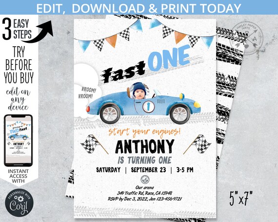 Fast ONE vintage race car birthday invitation, one speed 1st birthday ...