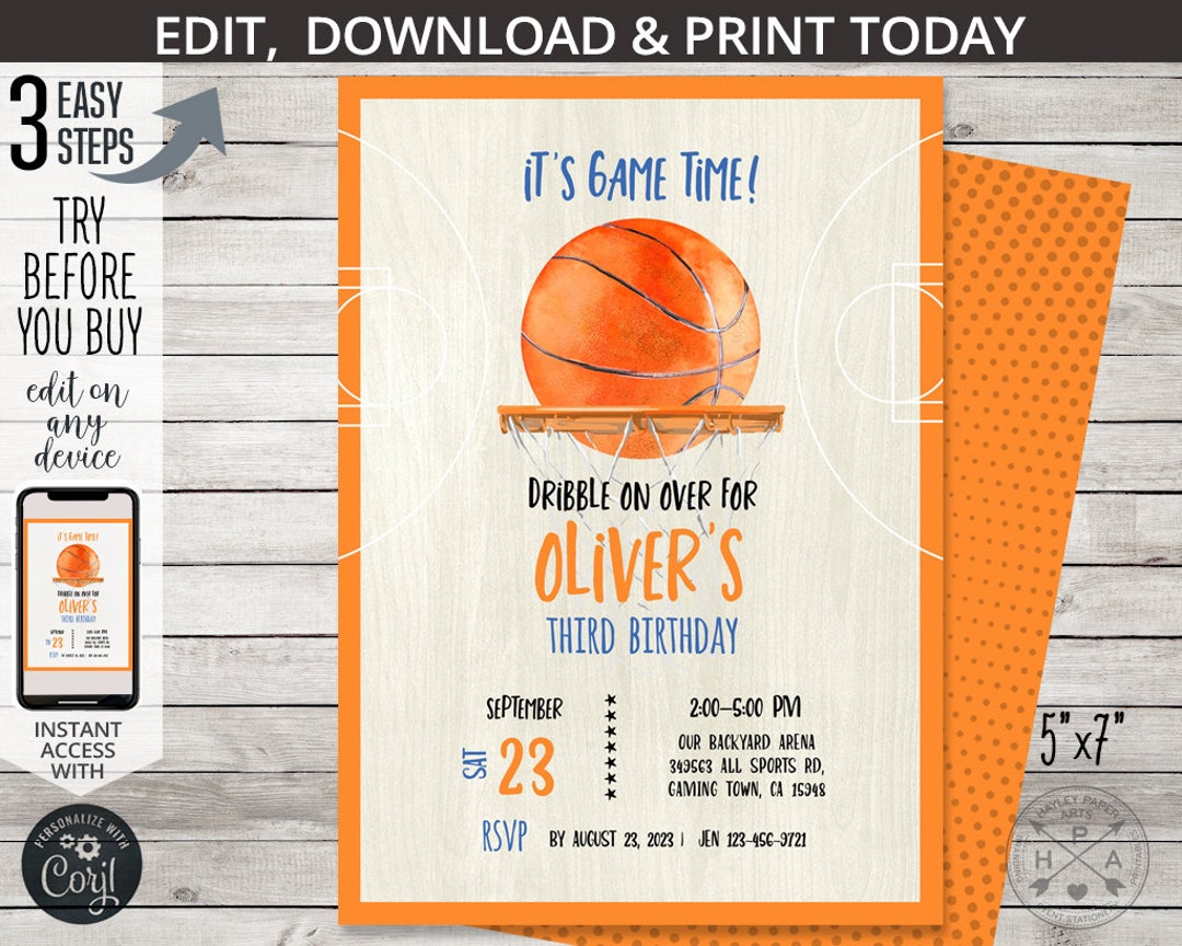Basketball Sports Birthday Invitation All Stars Boy Party Invite Ball ...