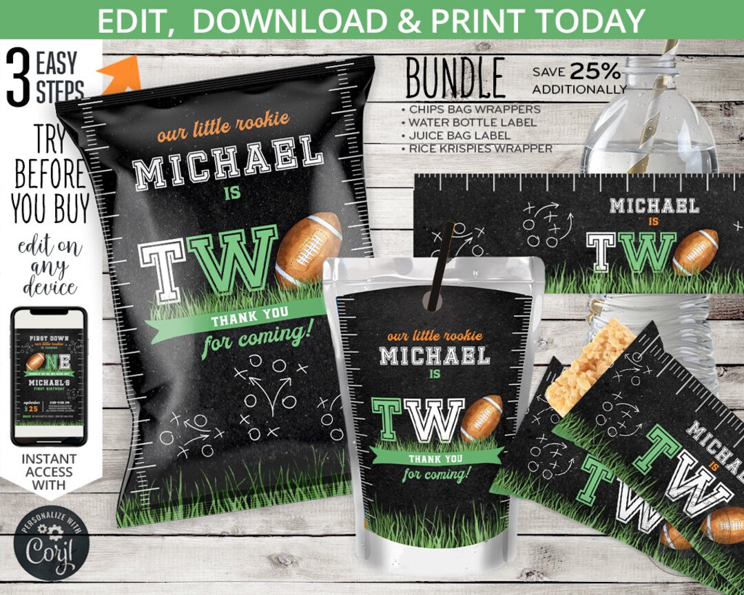 BUNDLE Football TWO Chips Bag, Water Bottle, Juice Bag Label, Rice ...