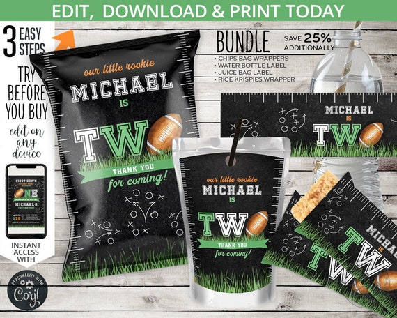 BUNDLE Football TWO chips bag, water bottle, juice bag label, rice ...
