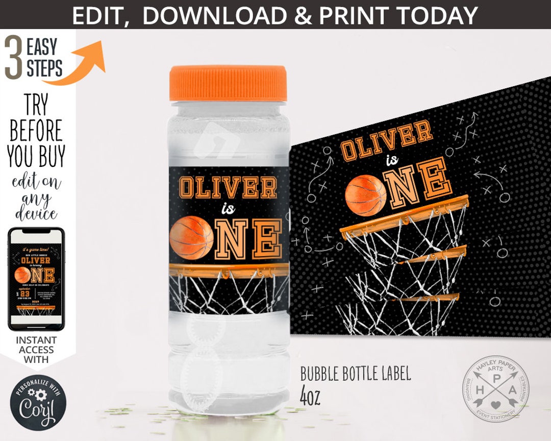 Basketball Bubble Bottle Label ONE First Birthday Sports Games Boy ...