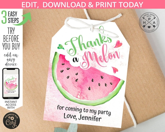 EDITABLE Watermelon favor gift tag one in a melon tags first girl ...