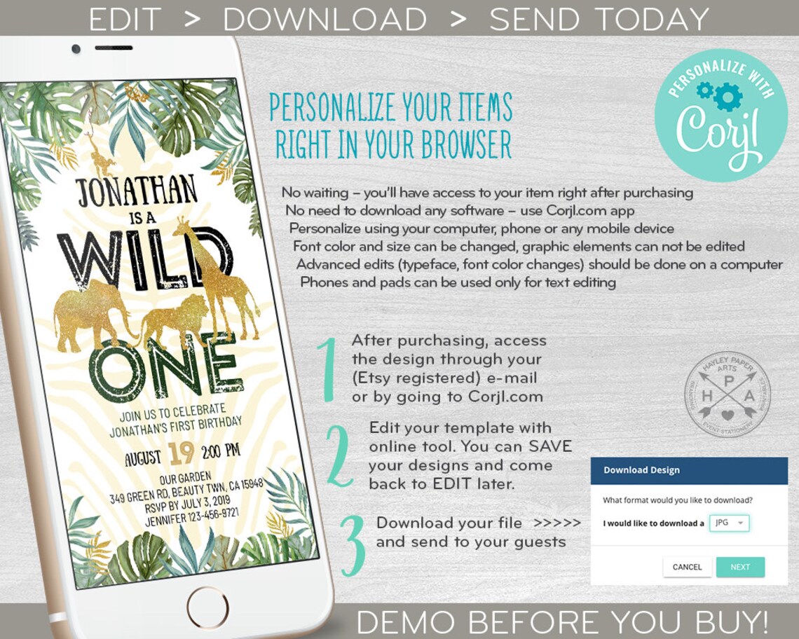 Jungle Wild One Electronic Invitation Gold Safari Animals - Etsy