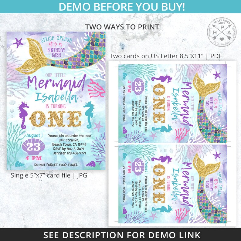Mermaid First Birthday Under the Sea Invitation Gold Glitter Aqua Pink ...