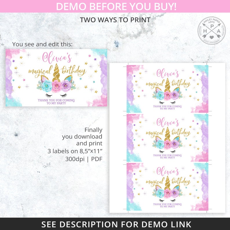 EDITABLE Unicorn Birthday Gable Gift Box Labels and Tags. Purple ...