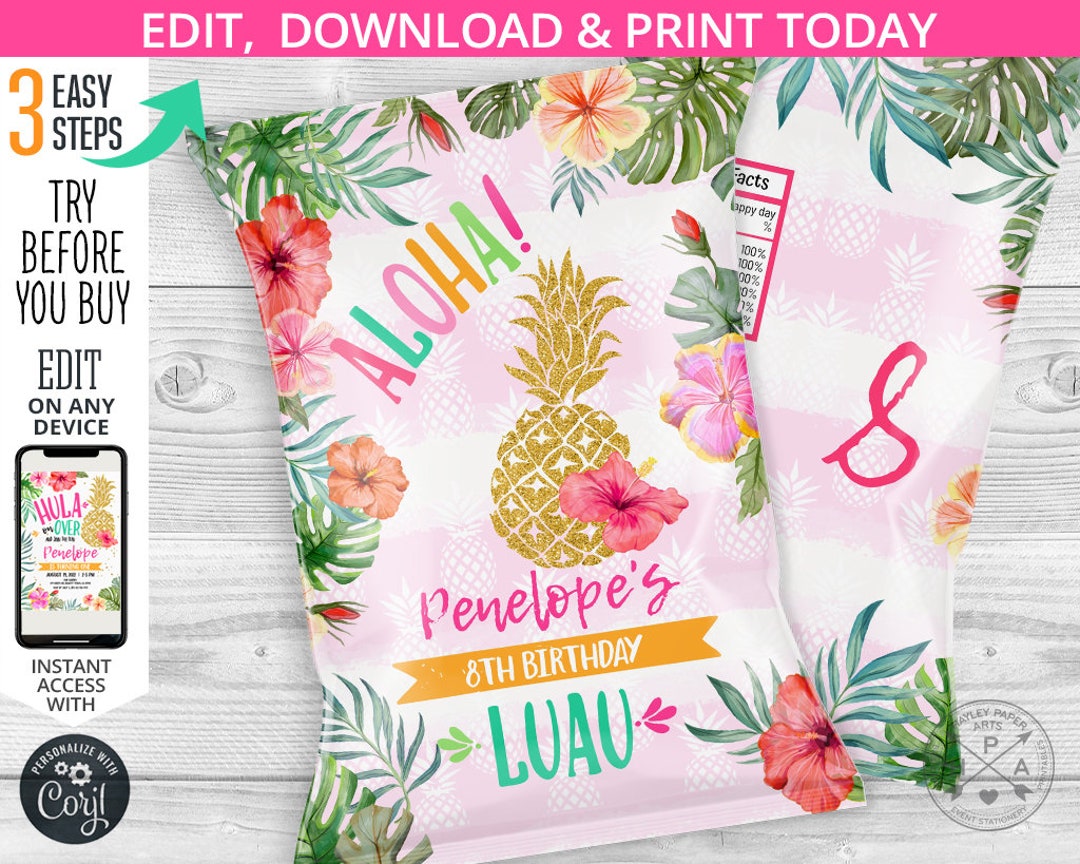 Pineapple Aloha Chip Bag, Luau Hawaiian Pool Tropical Snacks Treat Bags ...