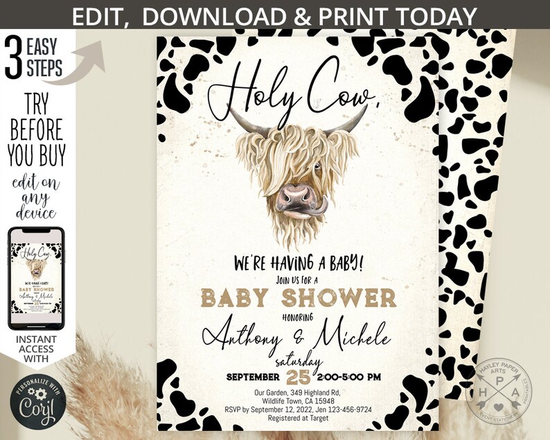 Holy Cow Baby Shower Invitation Highland Cow Boho Beige Black Neutral ...