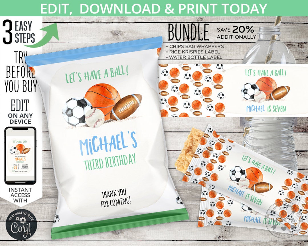 BUNDLE Let's Have a Ball Party Pack, Chips Bag, Rice Krispies, Bottle ...