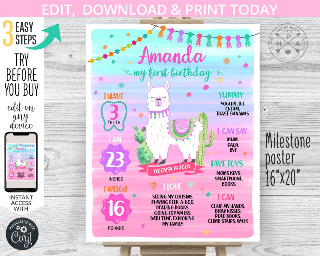 EDITABLE Llama Birthday Milestone Stats First One Year Board. 1st Party ...