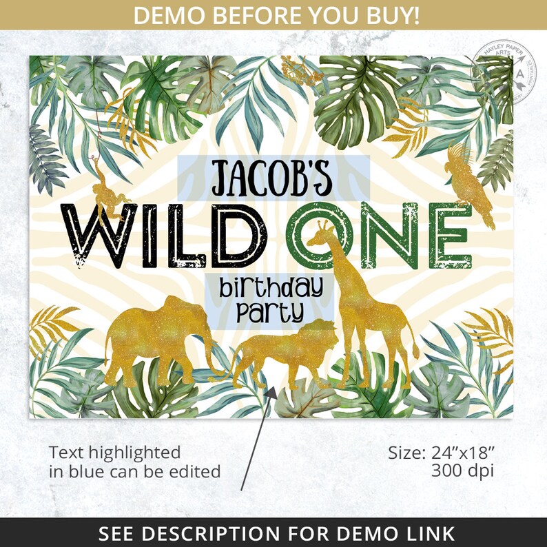 EDITABLE Jungle Wild One Table Backdrop 24x18 1st First - Etsy