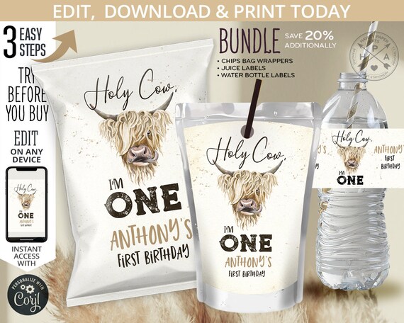 BUNDLE Holy cow I'm ONE highland cow chips bag wrapper, juice bag ...