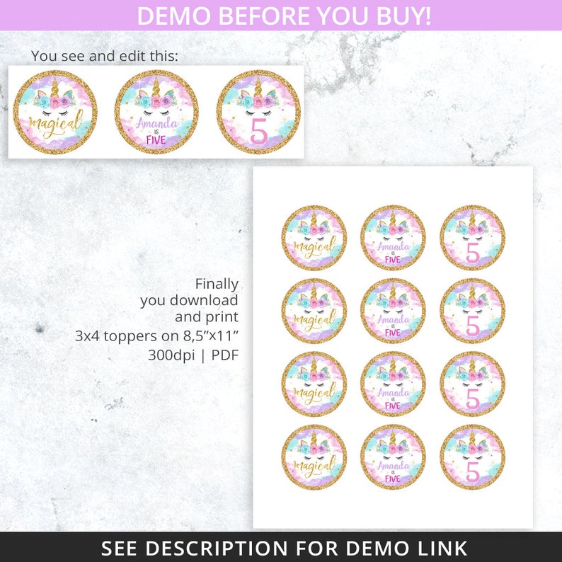 Unicorn Cupcake Toppers 2x2 Gold Magical Purple Pink First Any - Etsy