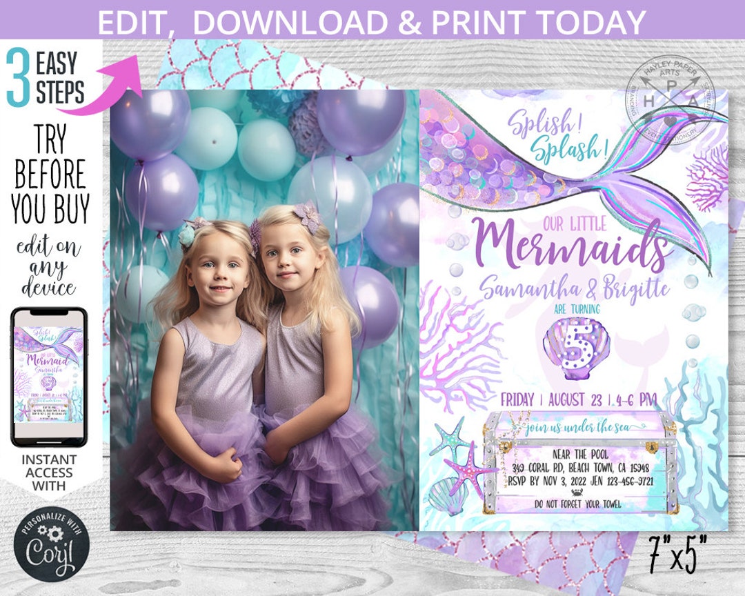 Mermaids Twins Under the Sea Joint Invitation Birthday Purple Teal ...