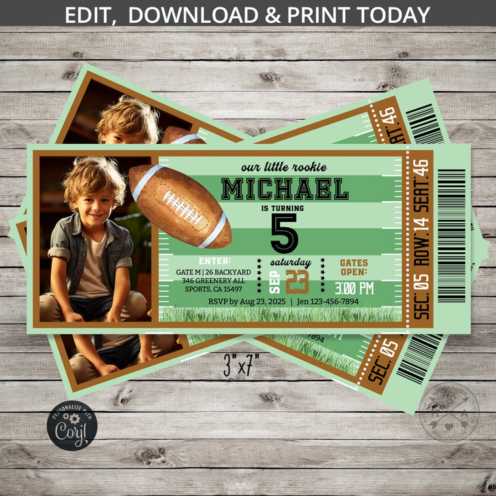 Football Ticket Invitation Birthday Boy Party Card US Football Gridiron ...