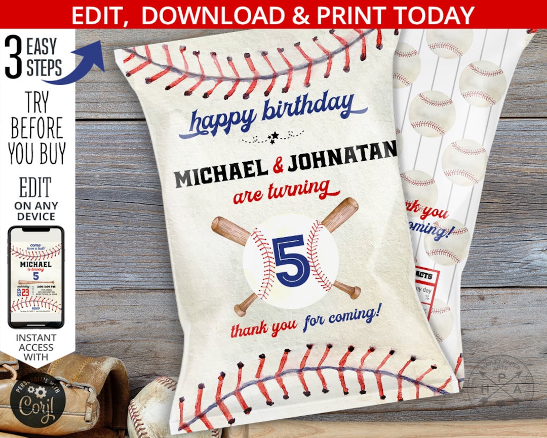 Baseball Chips Bag Twins Joint Birthday Party Favor, Any Age Party ...