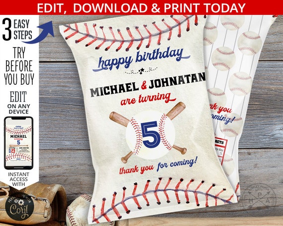 Baseball chips bag twins joint birthday party favor, any age party ...
